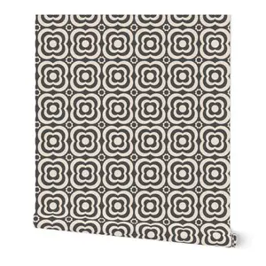 Spoonflower 70s Black And White Flower Power Medium 100% Natural Sisal Grasscloth Wallcovering - Black,white