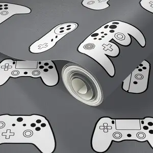 Spoonflower Game Controllers On Gray Traditional Wallpaper - Black,white,gray