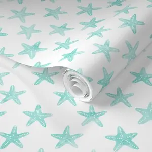 Spoonflower Starfish Teal Mermaid Coordinate Beach Blue Aqua Custom Pre-pasted Wallpaper - White,blue,gray