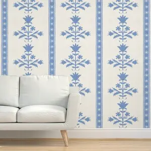 Spoonflower Tulip Indienne Stripe Cornflower White 100% Natural Sisal Grasscloth Wallcovering - Blue
