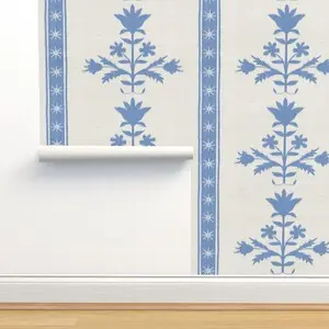 Spoonflower Tulip Indienne Stripe Cornflower White 100% Natural Sisal Grasscloth Wallcovering - Blue