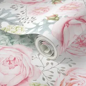Spoonflower Pink Roses Hydrangeas Watercolor Flowers Floral Custom Pre-pasted Wallpaper - Pink,green,mint