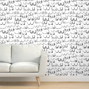Spoonflower Black And White Feminine Line Drawing Breast Traditional Wallpaper - Black,white,gray
