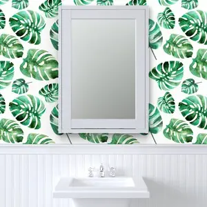 Spoonflower Leaves Monstera Leaf Tropical Beach Jungle Traditional Wallpaper