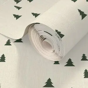 Spoonflower Ski Gear Pine Trees In Cream 100% Natural Sisal Grasscloth Wallcovering - Green,gray
