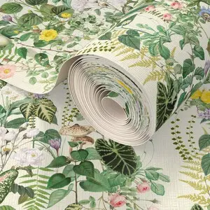 Spoonflower Cottage Green Pink Florals Ivory Standard 100% Natural Sisal Grasscloth Wallcovering Ivory,beige