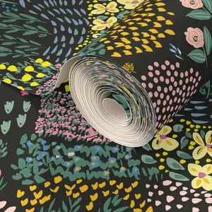 Spoonflower Full Blooms Muted Black 100% Natural Sisal Grasscloth Wallcovering - Pink,black