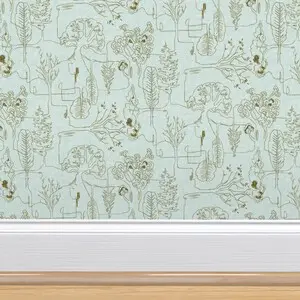 Spoonflower Tree Line Duck Egg Med 100% Natural Sisal Grasscloth Wallcovering - Blue