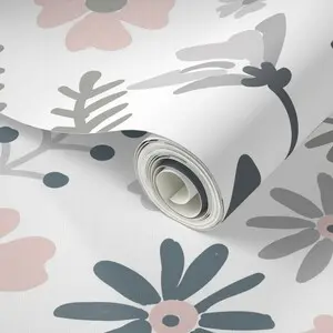 Spoonflower Gray Pink Flowers Floral Winter Nursery Berries Custom Pre-pasted Wallpaper Gray