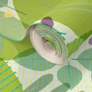 Spoonflower Retro Mod Garden Vegetables Modern Farmhouse Blue 100% Natural Sisal Grasscloth Wallcovering - Green