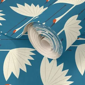 Spoonflower Sandhill Cranes Lg Classic 100% Natural Sisal Grasscloth Wallcovering - Blue