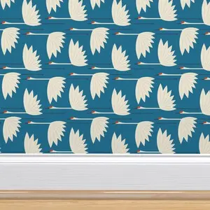 Spoonflower Sandhill Cranes Lg Classic 100% Natural Sisal Grasscloth Wallcovering - Blue