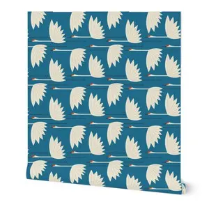 Spoonflower Sandhill Cranes Lg Classic 100% Natural Sisal Grasscloth Wallcovering - Blue