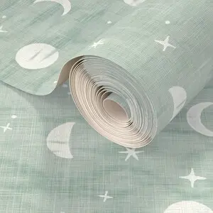 Spoonflower Shibori Moons And Stars In Sea Mist Night Sky 100% Natural Sisal Grasscloth Wallcovering - Green,blue