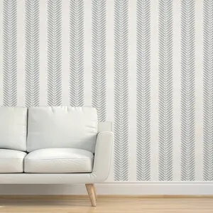 Spoonflower Reverse Laurel Leaf Quiet And White 100% Natural Sisal Grasscloth Wallcovering - Blue