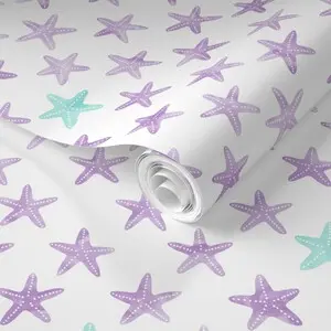 Spoonflower Starfish Purple Mermaid Coordinate Aqua Beach Custom Pre-pasted Wallpaper - Purple,gray