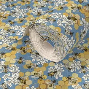 Spoonflower Save The Honey Bees Bright Blue Small 100% Natural Sisal Grasscloth Wallcovering Green,brown
