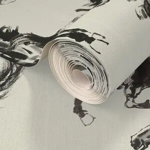 Spoonflower Shantung Horses India Ink Black 100% Natural Sisal Grasscloth Wallcovering - Black,white