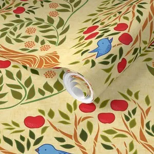 Spoonflower Apple Tree Fruit Ogee Bluebirds Traditional Wallpaper - Yellow,brown,blue