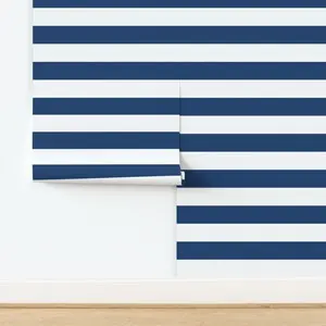 Spoonflower Nautical Stripes Navy Blue White Custom Pre-pasted Wallpaper