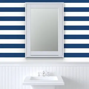 Spoonflower Nautical Stripes Navy Blue White Custom Pre-pasted Wallpaper
