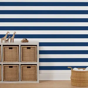 Spoonflower Nautical Stripes Navy Blue White Custom Pre-pasted Wallpaper