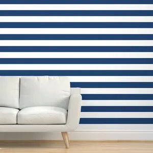 Spoonflower Nautical Stripes Navy Blue White Custom Pre-pasted Wallpaper