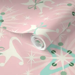 Spoonflower Pink Stars Retro Kitty 1950s Cats Starburst Custom Pre-pasted Wallpaper - Pink,green,gray