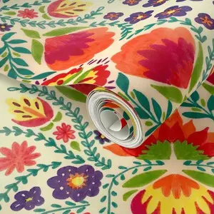 Spoonflower Folklore Cream Floral Folk Mexico Fiesta Custom Pre-pasted Wallpaper - Green,orange,beige