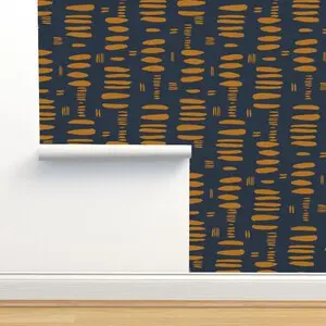 Spoonflower Urban Pebbles Desert Sun 100% Natural Sisal Grasscloth Wallcovering - Blue,orange,navy