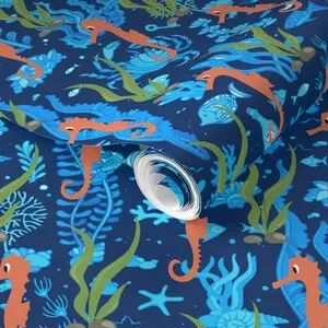 Spoonflower Seahorses Ocean Fish School Custom Pre-pasted Wallpaper - Blue,orange,green