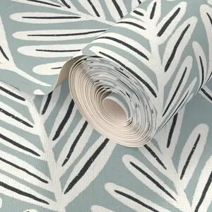Spoonflower Shirley Leaves 100% Natural Sisal Grasscloth Wallcovering - Blue