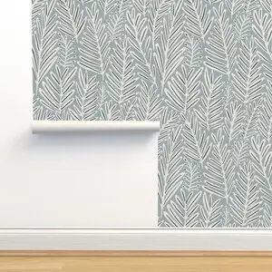 Spoonflower Shirley Leaves 100% Natural Sisal Grasscloth Wallcovering - Blue