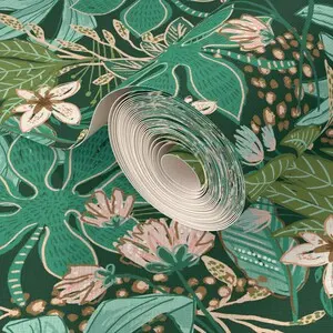 Spoonflower Tropical On Green Dh 100% Natural Sisal Grasscloth Wallcovering - Green,pink