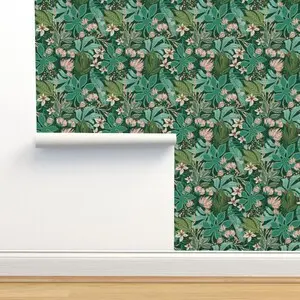 Spoonflower Tropical On Green Dh 100% Natural Sisal Grasscloth Wallcovering