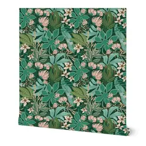 Spoonflower Tropical On Green Dh 100% Natural Sisal Grasscloth Wallcovering