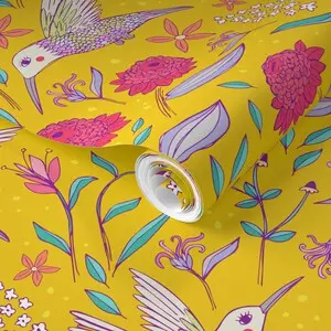 Spoonflower Hummingbirds Hummingbird Yellow Flowers Floral Custom Removable Wallpaper - Purple,brown,green
