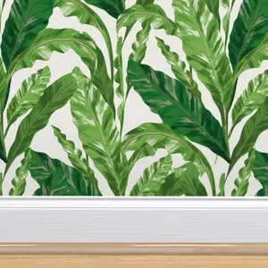 Spoonflower Tropical Green Leaves 100% Natural Sisal Grasscloth Wallcovering - White,green
