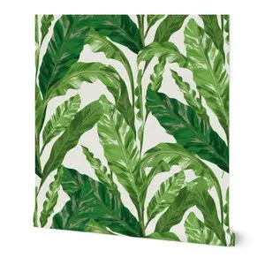 Spoonflower Tropical Green Leaves 100% Natural Sisal Grasscloth Wallcovering - White,green