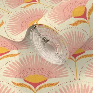 Spoonflower Small Aara Palm Floral Natural Pink 100% Natural Sisal Grasscloth Wallcovering - Pink,white