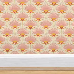 Spoonflower Small Aara Palm Floral Natural Pink 100% Natural Sisal Grasscloth Wallcovering - Pink,white
