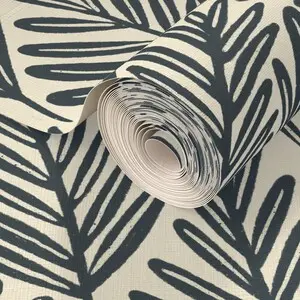 Spoonflower Shirley Leaves Monochrome 100% Natural Sisal Grasscloth Wallcovering - Beige,white