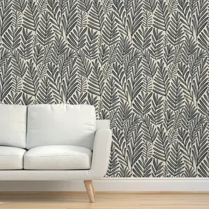 Spoonflower Shirley Leaves Monochrome 100% Natural Sisal Grasscloth Wallcovering - Beige,white