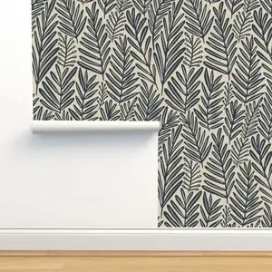 Spoonflower Shirley Leaves Monochrome 100% Natural Sisal Grasscloth Wallcovering - Beige,white