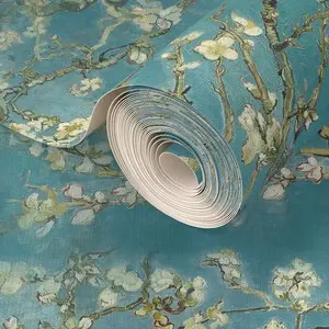 Spoonflower Vangogh Teal 100% Natural Sisal Grasscloth Wallcovering - Teal,blue
