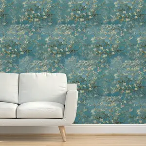 Spoonflower Vangogh Teal 100% Natural Sisal Grasscloth Wallcovering - Teal,blue
