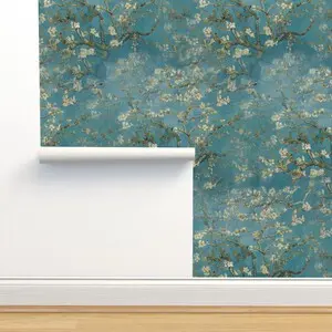 Spoonflower Vangogh Teal 100% Natural Sisal Grasscloth Wallcovering - Teal,blue