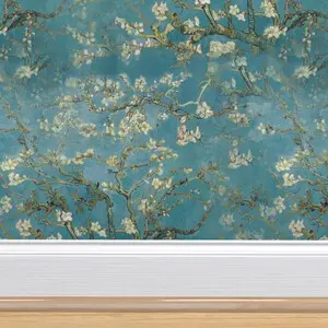 Spoonflower Vangogh Teal 100% Natural Sisal Grasscloth Wallcovering - Teal,blue