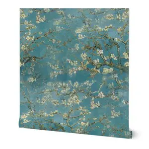Spoonflower Vangogh Teal 100% Natural Sisal Grasscloth Wallcovering - Teal,blue
