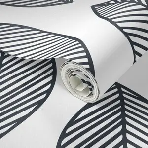 Spoonflower Botanical Leaves Nature Minimalist Lines Geometric Custom Pre-pasted Wallpaper - Black,white,gray